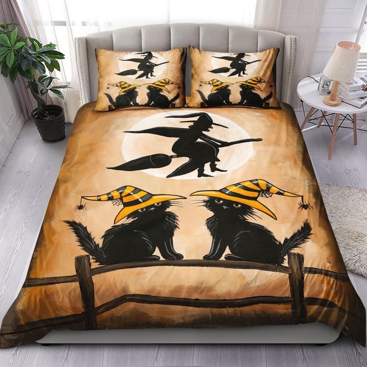 Two Black Cat And Witch Halloween Bedding Set QDH – Designfullprint