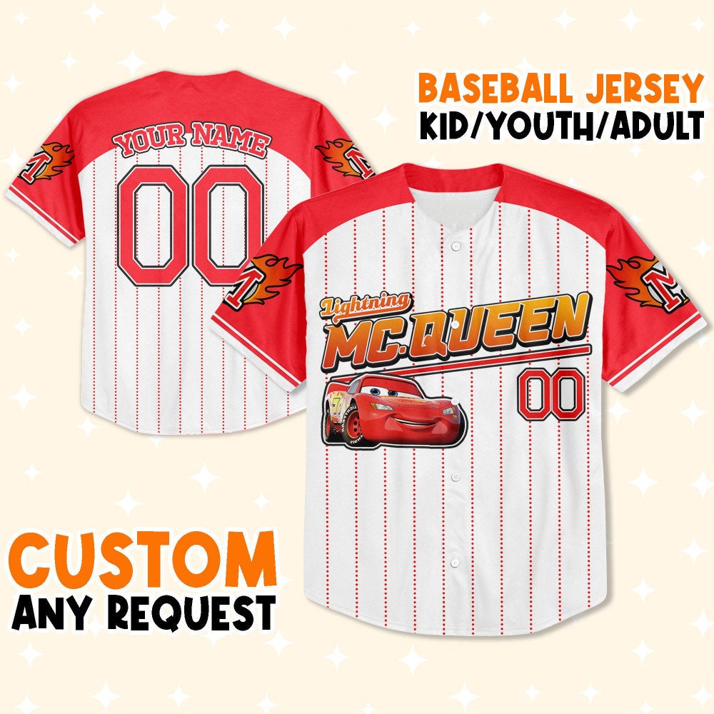 Custom Cars Mcqueen Red , Custom Text Baseball Jersey, Lightning ...