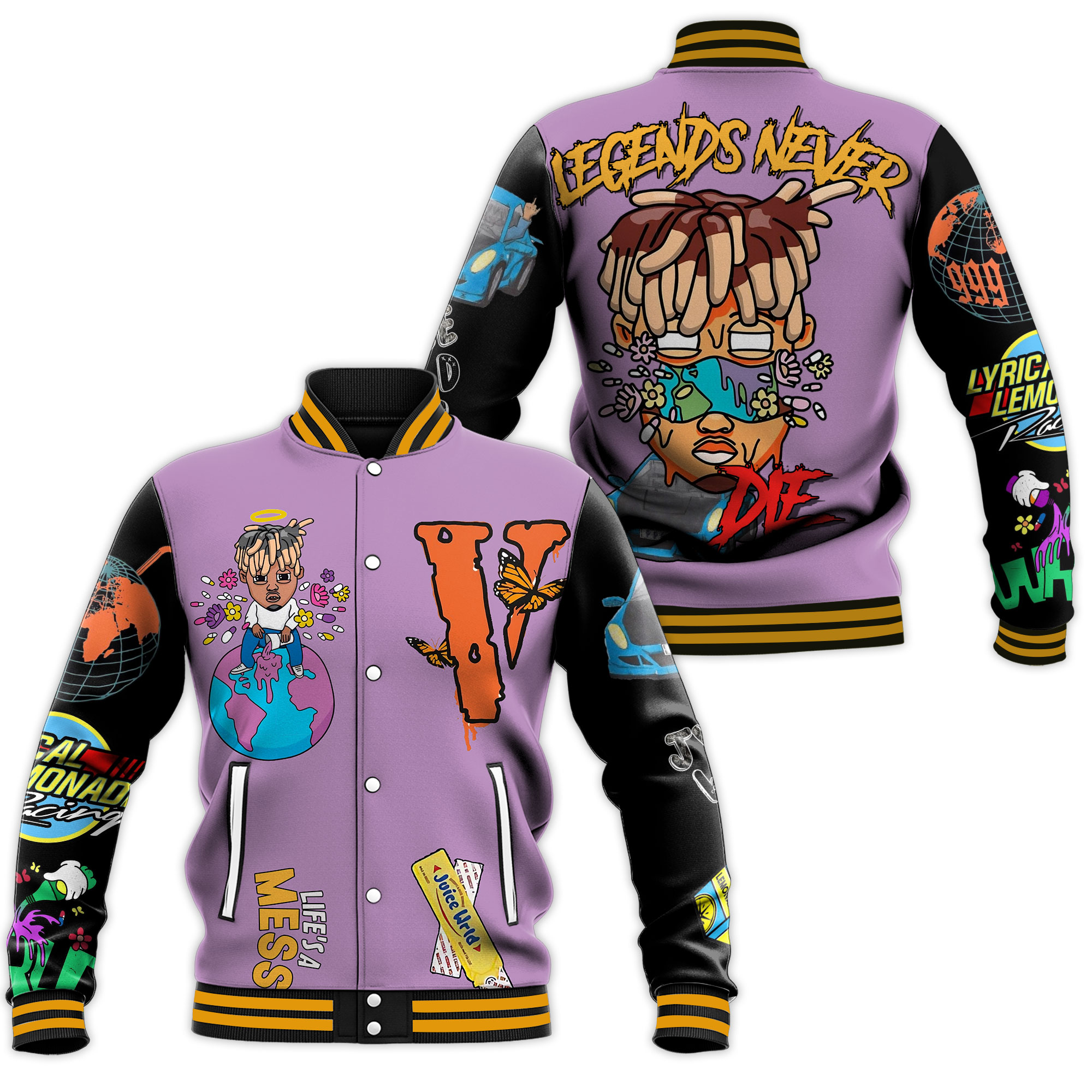 Black and Purple Juice Wrld Legends Never Die Baseball Jacket CP ...