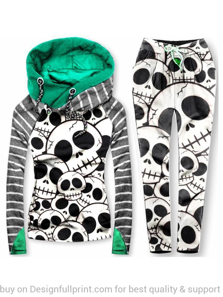 Skull Gift Black and White Skull Casual Hooded Sweatshirt Pants Suit LN – Designfullprint
