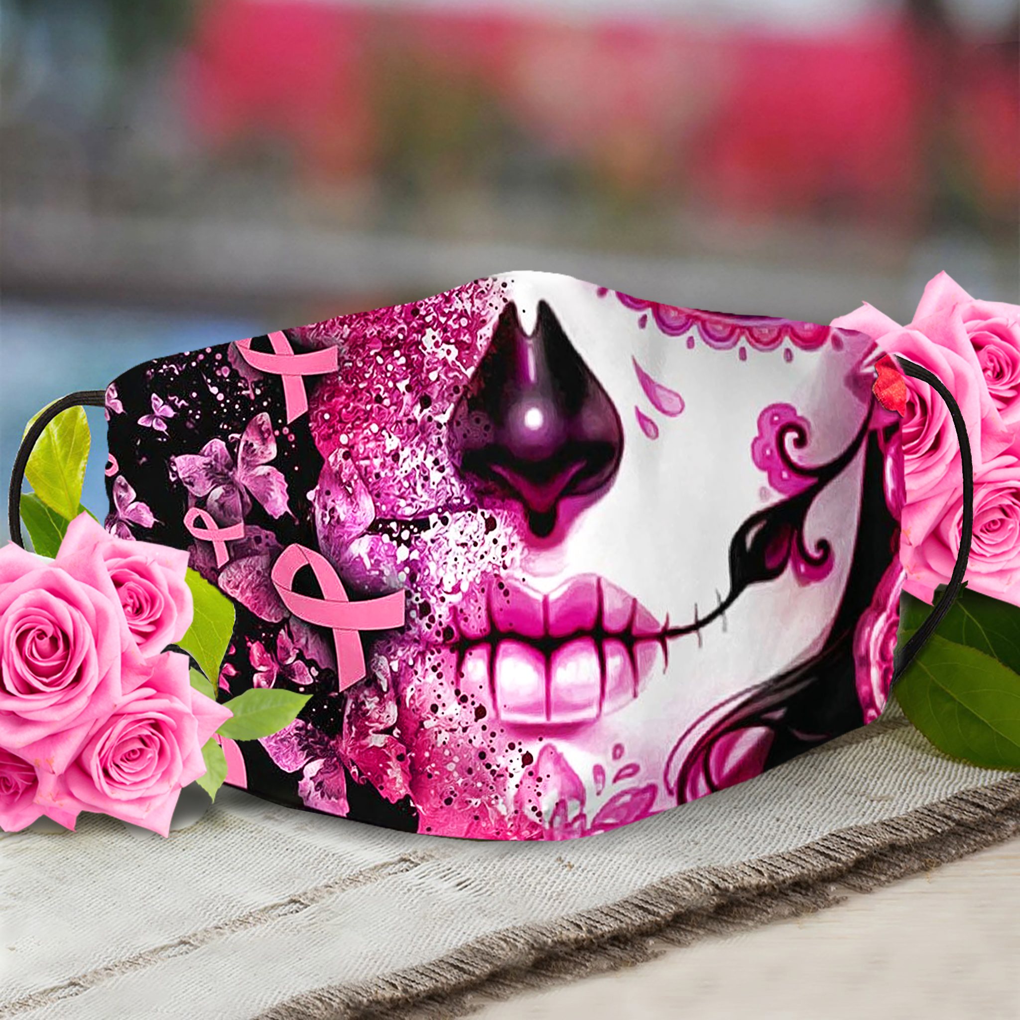 Sugar Skull Breast Cancer Cloth Mask No Filter HG – Designfullprint