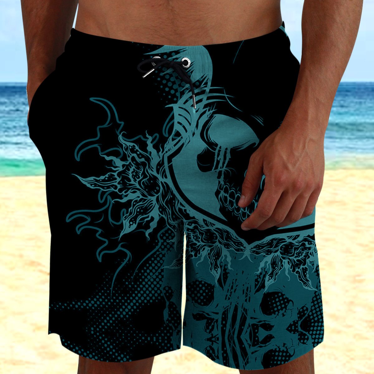 Skull Gift Blue Flame Skull Ultra-light Drawstring Shorts for Men ...